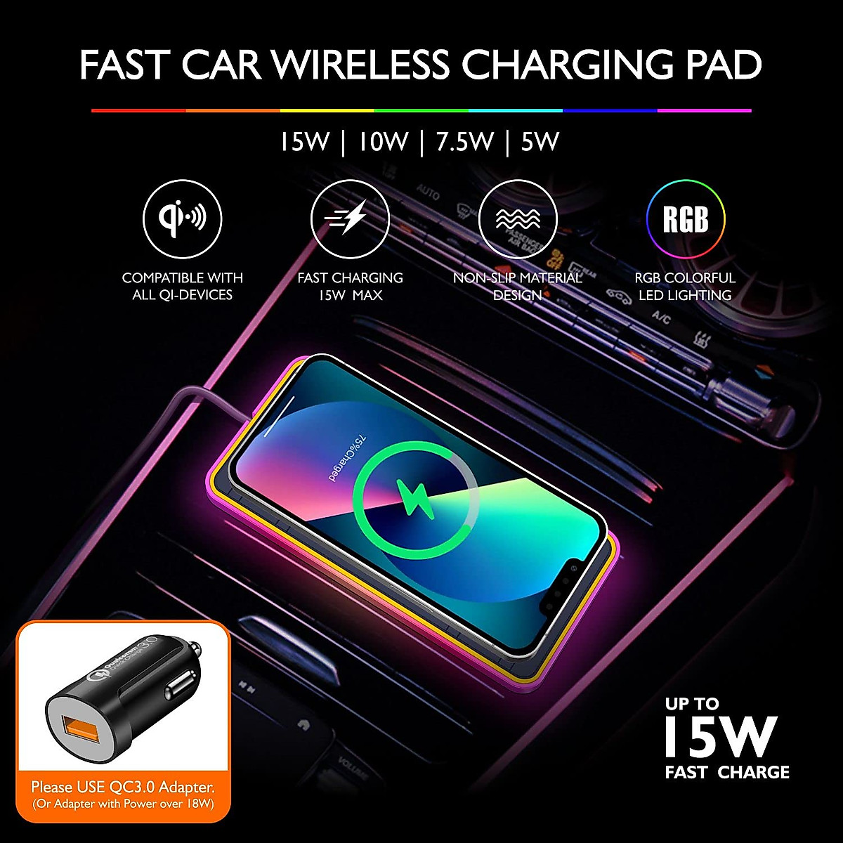 for Magsafe Wireless Car Charger Pad, [Upgrade] RGB 15W for Car Wireless Charging Pad for iPhone 15 14 13 12 11 Pro Max, for Samsung Galaxy S22/S22+/S22 Ultra/S21/S20/S10
