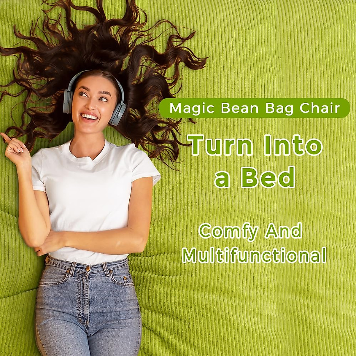 MAXYOYO Giant Bean Bag Chair Bed for Adults, Convertible Beanbag Folds from Lazy Chair to Floor Mattress Bed, Large Floor Sofa Couch, Big Sofa Bed, High-Density Foam Filling, Machine Washable