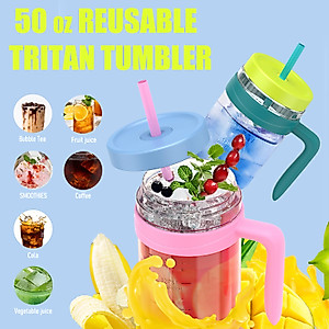 Tronco 50 oz Tritan Plastic Tumbler with Lid and Straw, BPA-Free Reusable Clear Water Bottle with Time Marker, 100% Leak Proof & Wide Mouth for Iced Coffee, Juice, Bubble Tea, Smoothies