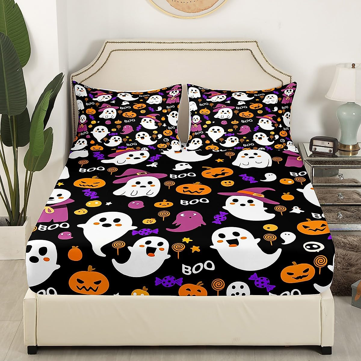 Feelyou Kids Cartoon Halloween Fitted Sheet Cute Ghost Pumpkin Sheets Set for Child Boys Girls Black Purple Queen Size Bedding Set Decoration Kawaii Bed Sheet Set Collection