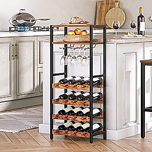HOOBRO Freestanding Wine Rack, 16-Bottle Wine Storage Rack with Tabletop and Glass Holder, 6-Tier Bar Rack, for Kitchen, Bar, Dining Room, Rustic Brown BF04JJ01