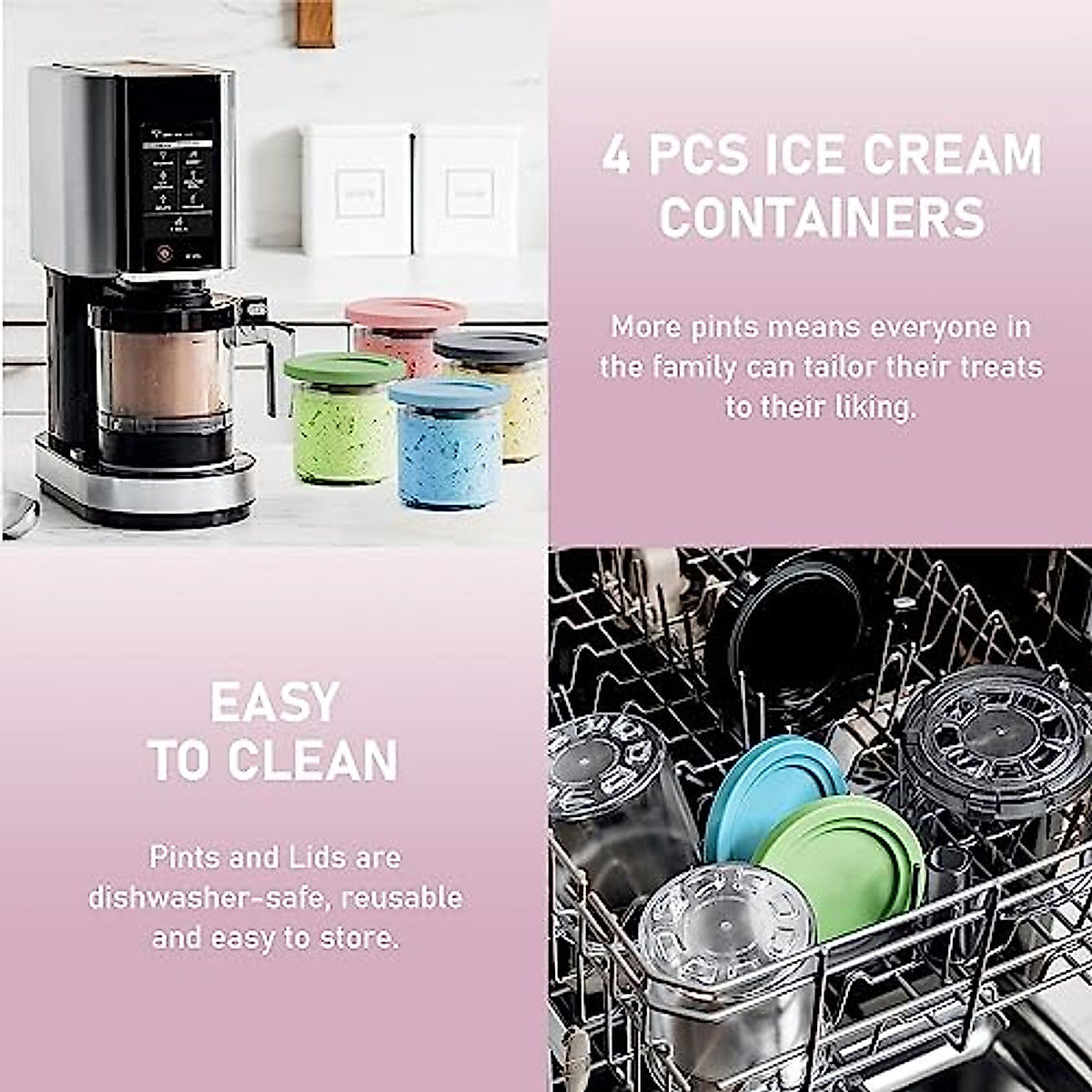 Containers Replacement for Ninja Creami Pints and Lids, Ice Cream Storage Containers Compatible with NC301 NC300 NC299AMZ Series Ice Cream Maker, BPA Free Dishwasher Safe Airtight & Leak-Proof (4 Pack)