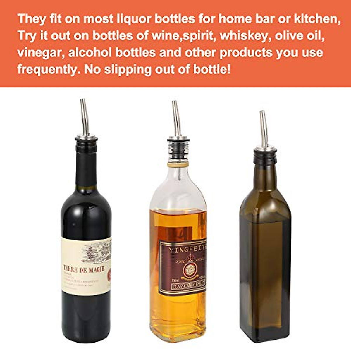 48 Pack Stainless Steel Classic Bottle Pourers Tapered Spout - Liquor Pourers with Rubber Dust Caps