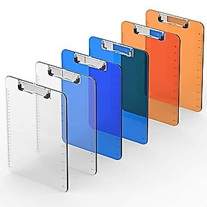 Plastic Clipboard (Set of 6) Multi Pack Letter Size A4 Colorful Clipboards with Hangable Low Profile Clip and Side Ruler, Durable and Cute, Office Supply, 9x12.5 in Assorted (Clear, Blue, Orange)