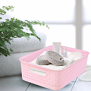Plastic Storage Baskets, Small Pantry Baskets for Organizing, Woven Basket Organizer Basket Bins for Shelves, Organizer and Storage for Bathroom, Bedrooms, Kitchens (Pink 6pcs)