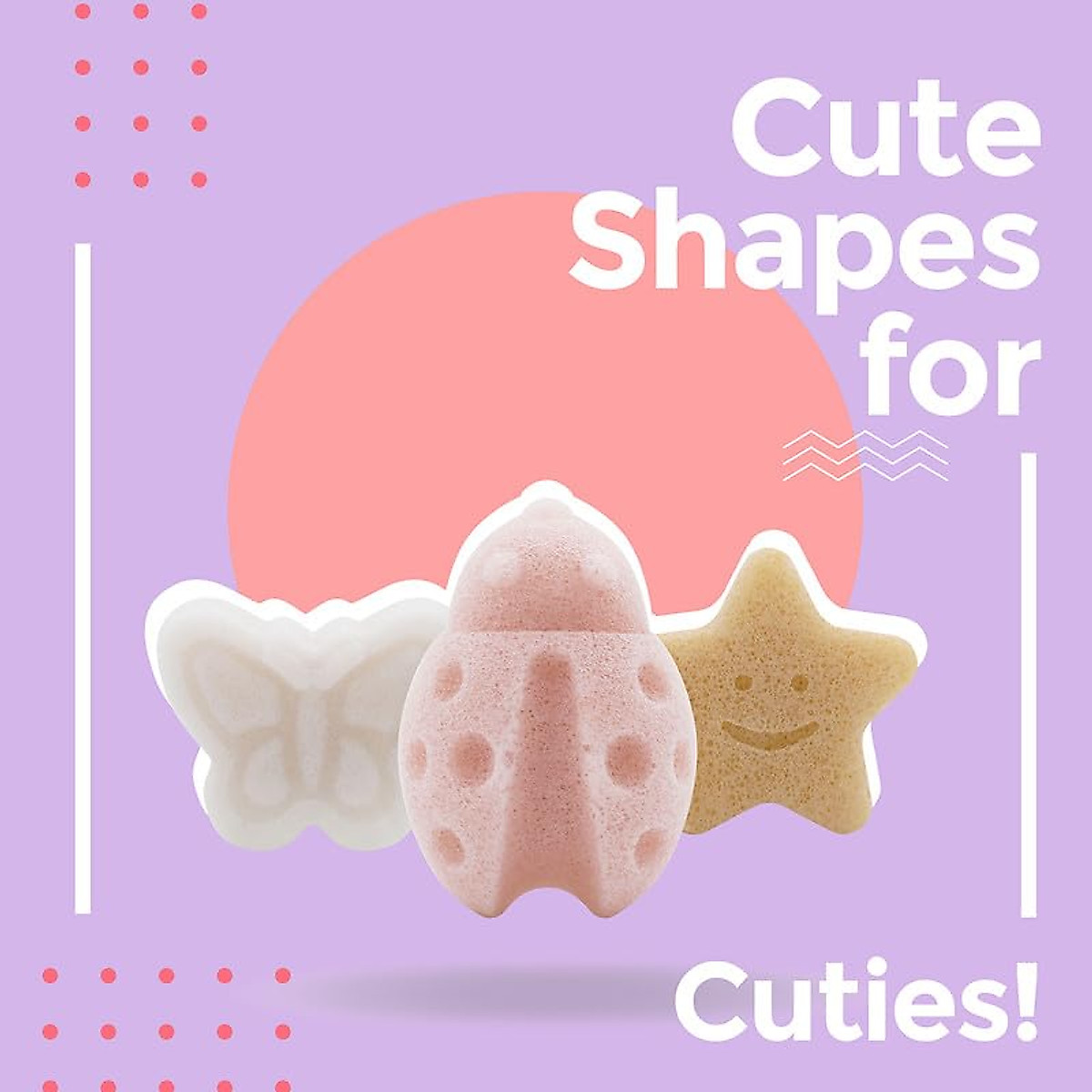 myHomeBody Konjac Baby Sponge for Bathing, Cute Shapes Natural Kids Bath Sponges for Infants, Toddler Bath Time, Natural and Safe Plant-Based Toys, 3pc. Set: Butterfly, Ladybug, Star