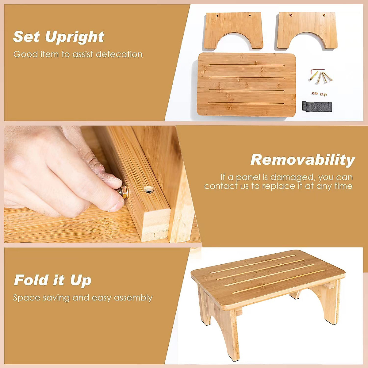 P&BEXC Step Stool Bamboo Step Stool for Adults and Kids,Portable Bedside Step Stool with Solid Wood, Support up to 300lbs,Skid Proof Step Stool for High Bed/Kitchen/Bathroom (Easy to Assemble)