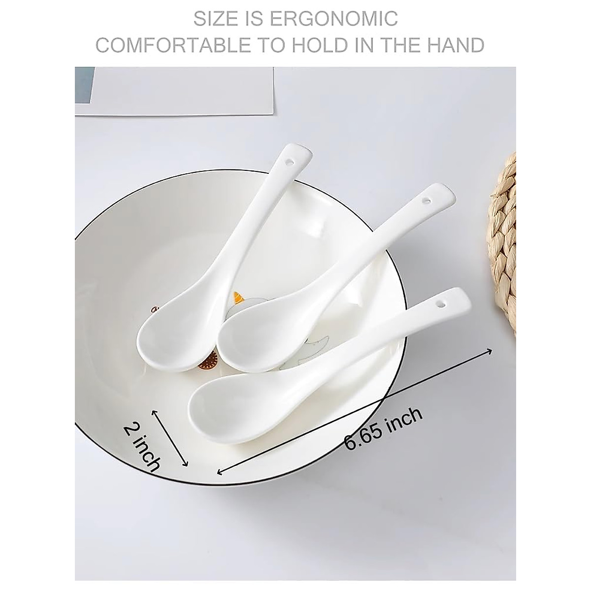 ACANDYL Asian Soup Spoon 6.75 inch Chinese Soup Spoons Ceramic Spoon Easy to Hold Non-slip Bottom for Pho Miso Wonton Ramen Dumpling Noodle Bright White Set of 12