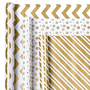 Packanewly Wrapping Paper Set - 17 inch x 120 inch White Gold Designs Mini Roll with Ribbon and Tag Stickers (3-Pack, 42.3 sq.ft.ttl.)