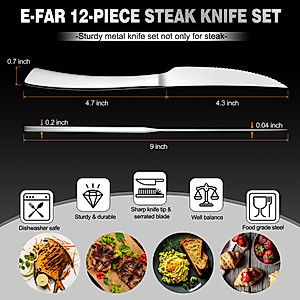 E-far Serrated Steak Knives Set of 12, Stainless Steel Dinner Knife for Home Kitchen Restaurant, 9 Inch Table Knife with Ergonomic Handle and Sharp Tip & Blade, Mirror Silver & Dishwasher Safe