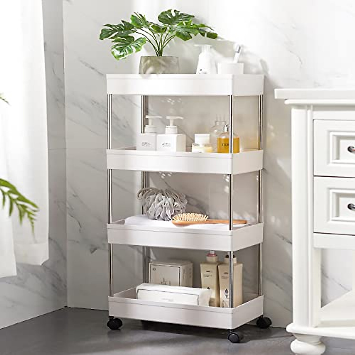 RUTILY 4 Tier Slim Rolling Storage Cart Bathroom Mobile Shelving Unit Kitchen Rolling Utility Organizer for Laundry Narrow Places White