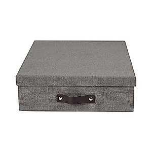 Bigso Oskar Canvas Fiberboard Document Letter Box | File Organizer Document Box for Important Paperwork | Document Storage Box with a Lid & Leather Handle | 3.3″x10.2″x13.8″ | Gray