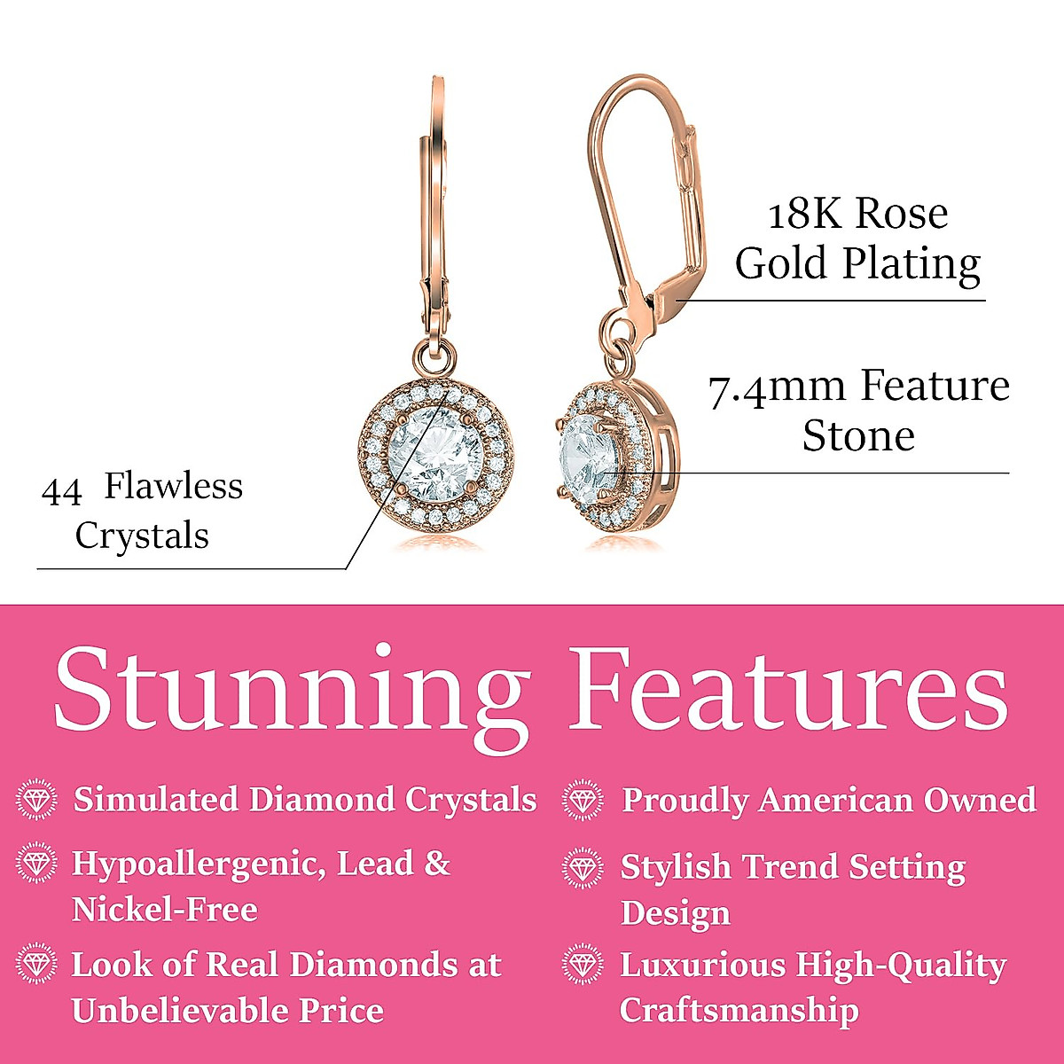 Cate & Chloe Juliana 18k Rose Gold Plated Halo Dangle Earrings | Women's Gold Drop Dangle Earrings with Solitaire Round Cut Cubic Zirconia Crystals, CZ Halo Earring Set for Women, Gift for Her