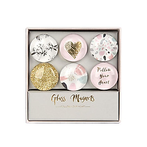 Buqoo Strong Magnets for Refrigerator Round Glass Megnetic Stickers with Inspirational Quotes 6-Count Cute Decorative Magnets for Whiteboard (Light Pink)