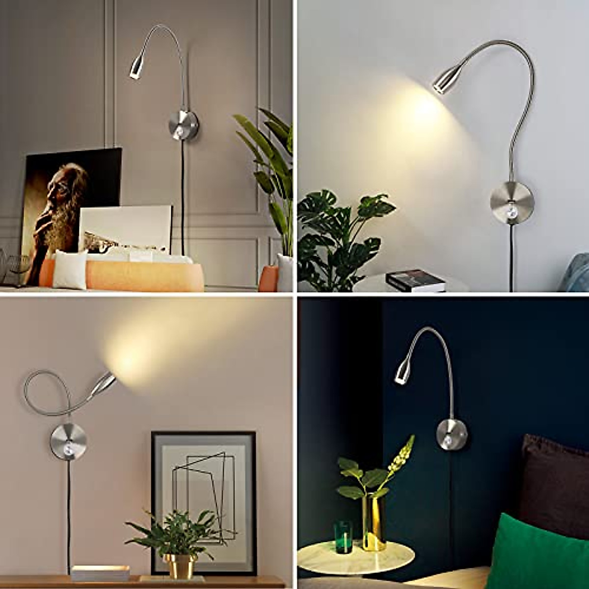 CRISETEK Touch Switch Dimmable Reading Light Reading Light Wall Mounted Reading Light headboard Reading Light Task Directional LED Gooseneck Light 120V Plug in Powered 3W (Brushed Nickel, Warm White)