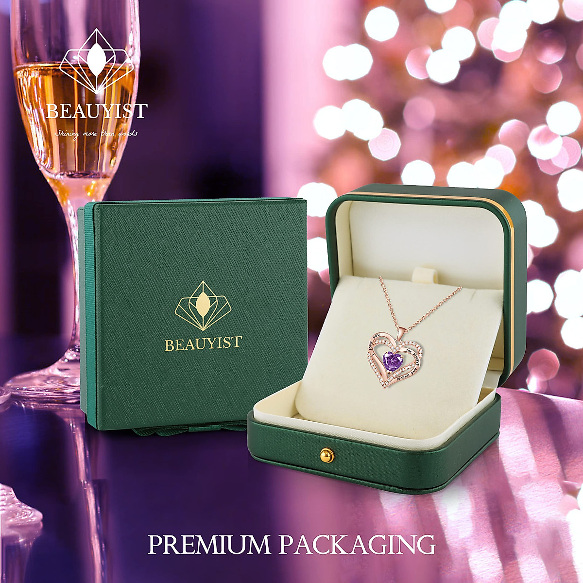 Beauyist Love Heart Birthstone Necklaces for Women, Engraved Pendant Necklace Jewelry Gifts