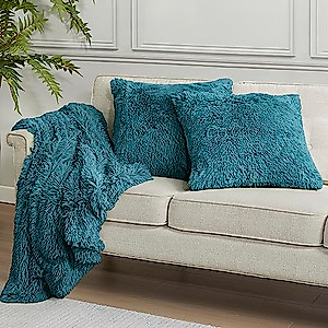 Hyde Lane Luxury Faux Fur Throw Pillow Covers | Soft Fluffy Fuzzy Cushion Cover | Plush Pillows Case for Couch Sofa Bed Aesthetic Room Decor, 18”x18”, 2 Pack, Teal