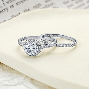 925 Sterling Silver 1.8 ct.tw. Moissanite Bridal Sets Ring for Women, Two-in-One Halo Wedding Engagement Ring Sets, Personalized Engraving Name Ring 4-12 (Round Cut Moissanite, 7)