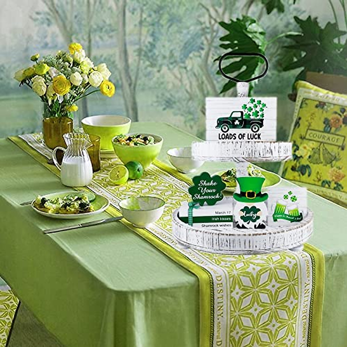 St Patricks Day Tiered Tray Decor Set, 7 Pieces Thick Wooden Lucky Shamrock Mini Sign Farmhouse Rustic Table Ornaments for Home Decor Kitchen Table Decoration, Housewarming Gift [Tray Not Included]