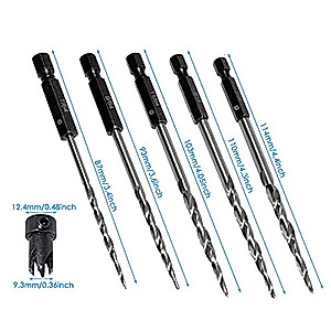 Wood Countersink Drill Bit, 11 PC Wood Drill Bit #4, 6, 8, 10, 12, Tapered Drill Bits with 1/4" Hex Shank, Chamfered Adjustable Counter Sinker Drill Bit Set for Woodworking