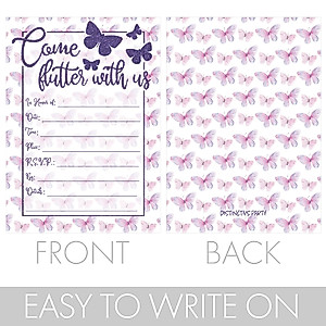 DISTINCTIVS Butterfly Birthday Party Invitations - Purple Butterfly Wishes - 10 Fill In Invite Cards with Envelopes - Come Flutter With Us Themed Party Supplies