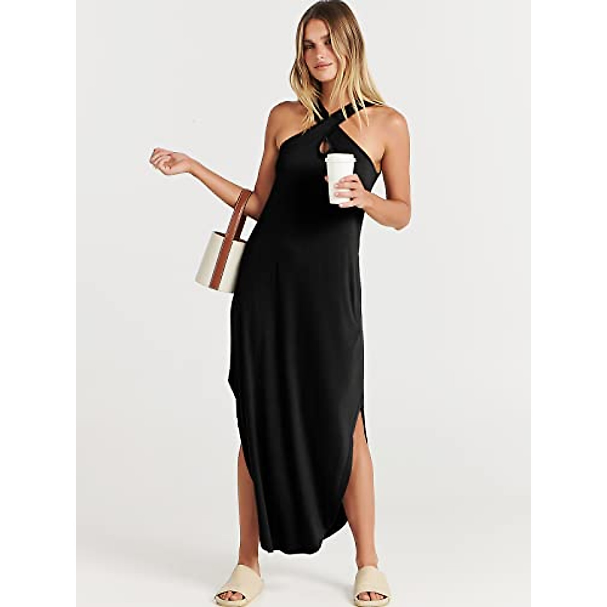 ANRABESS Women's Casual Loose Sleeveless Beach Dress Criss Cross Slit Maxi Sun Dresses 2023 Fashion Vacation Outfits Summer Clothes Resort Cruise Wear A453heise-XL Black