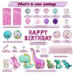 Party Spot! 150 pcs Dinosaur Birthday Party Supplies For Girls (Serves 12), Pink Dinosaur Party Decorations, 50 pcs Latex Balloons, 12 sets Tableware, Plates, Tablecloth, Installation Tools
