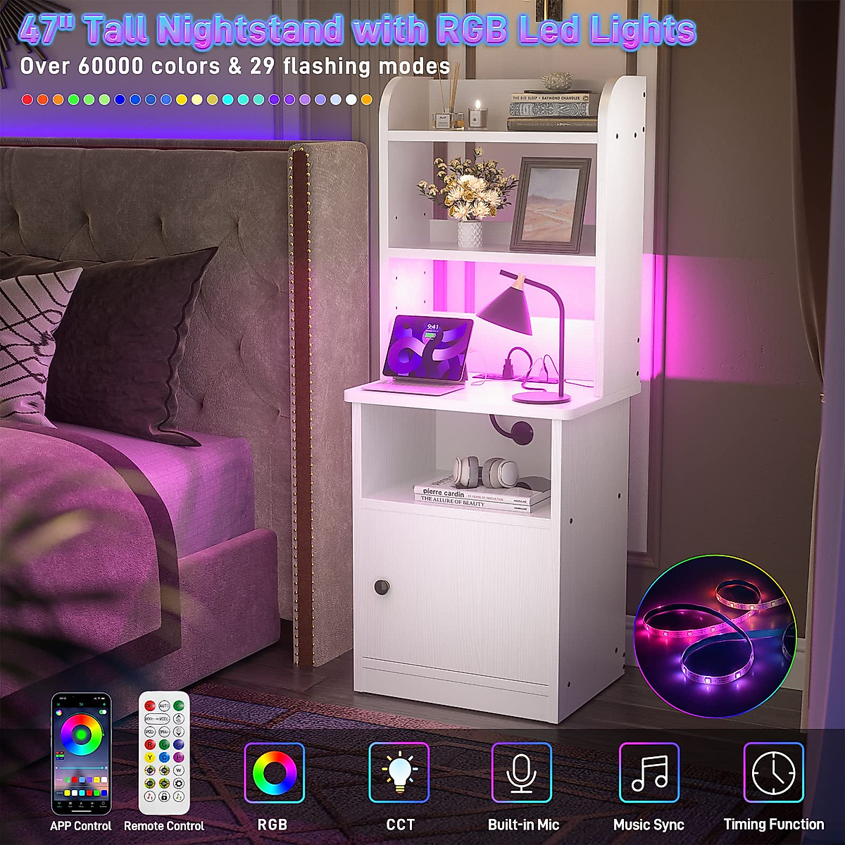 Tall Nightstands Set of 2 with Charging Station and LED Lights - 47" Tall Bedside Table with Adjustable Bookshelf, Industrial End Table Side Table with Storage Cabinet for Home Office, White