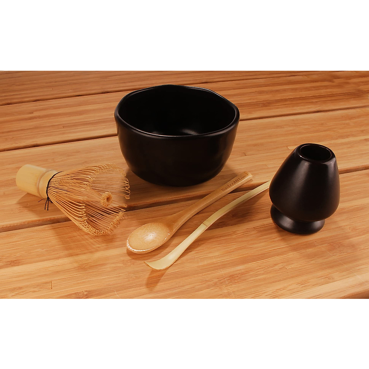 BambooMN Brand - Matcha Bowl Set (Includes Bowl, Rest, Tea Whisk, Chasaku, & Tea Spoon) 1 Set Black