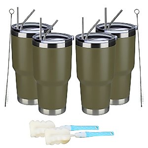 MEWAY 30oz Insulated Tumbler With Lids and Straws,Stainless Steel Double Vacuum Coffee Tumbler Cup, Brush, Durable Powder Coated Coffee Cup for Cold & Hot Drinks, Office, Travel(Army Green,4 PACK)