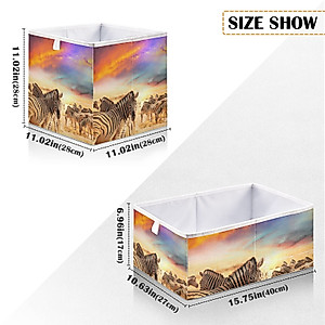 Oyihfvs Zebra Group in Desert On Sunset Colorful Sky Square Collapsible Open Storage Bins, Foldable Toy Nursery Basket Bin Cloth Cube Organizer with Handles for Shelves Closet