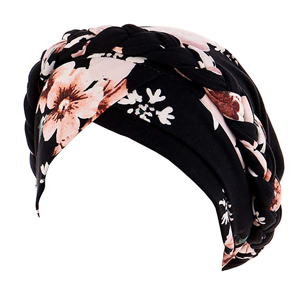Awlsyj Chemo Cancer Head Hat Cap Ethnic Bohemia Pre-Tied Twisted Braid Hair Cover Wrap Turban Headwear (D Black Pink Flower)