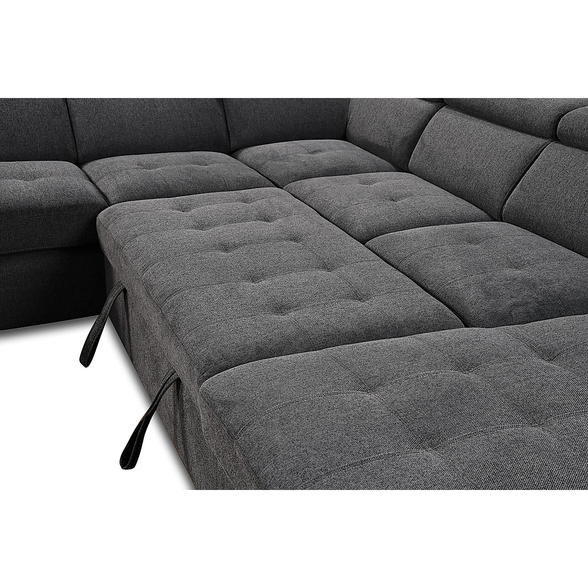 RENDGO 125" U Shaped Sectional Sofa with Pull-Out Bed, Sofa Bed with Adjustable Headrests Storage Chaise, Upholstered Oversized Sectional Sleeper Couch with Ottoman for Living Room,Dark Grey