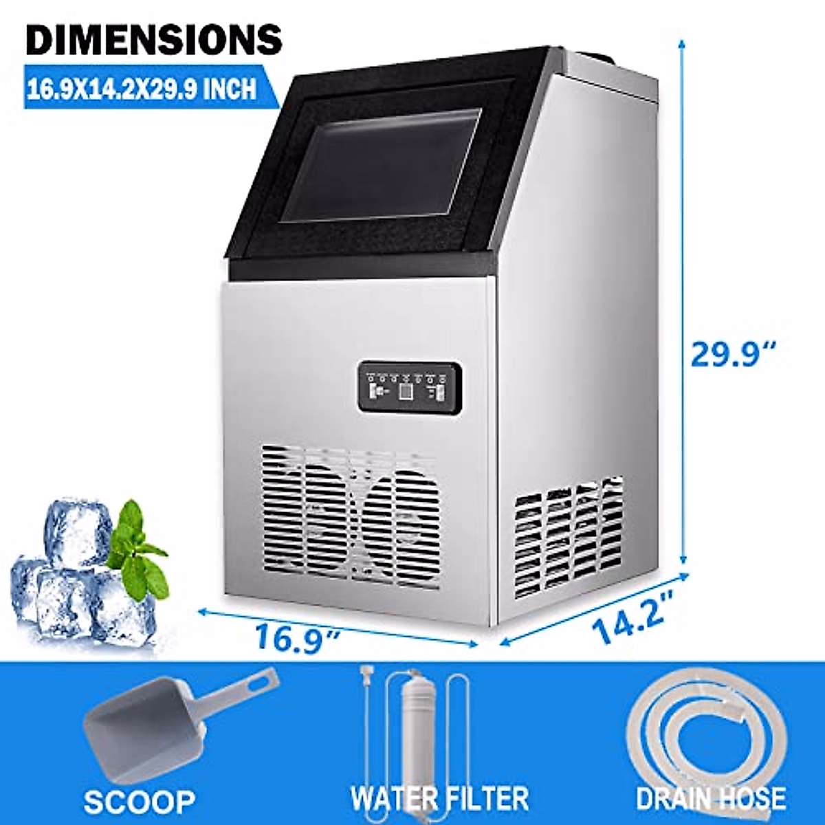 Topdeep Commercial Ice Maker Machine 132LBS/24H with 33LBS Storage Capacity, Stainless Steel Freestanding Ice Machine Automatic Operation- Ideal for Home, Restaurants, Bars Ice Making