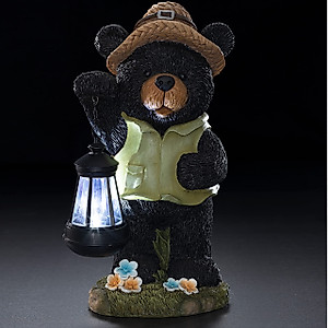 VP Home Camping Bear with Lantern Solar Powered LED Outdoor Decor Garden Light Bear Yard Statue Bear Outdoor Decor Bear Yard Decor Bear Statue Cedar Carved Bear with Solar Lantern Garden Bear