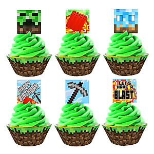48 pcs Pixel Cupcake Toppers and Wrappers - 24 Cupcake Toppers and 24 Wrappers - Pixel Party Supplies - Pixel Party Decorations - Cupcake