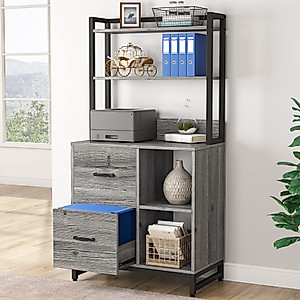 Tribesigns 2 Drawer File Cabinet for Letter Size, Vertical Filing Cabinet with Bookshelf, Large Industrial Printer Stand with Open Storage Shelves for Home Office, Grey