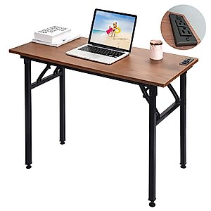Frylr Small Folding Computer Desk 31.5''LX 15.7''X 29'' with 2 Power Sockets and 2.1A USB Charging Ports, Home Office Desk Portable Writing Desks for Small Space, Foldable Desk, Walnut