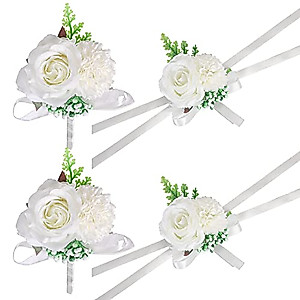 Whaline 4Pcs Wedding White Rose Boutonniere and Wristlet Set Handmade Artificial Rose Wrist Strap Corsage Silk Satin Wristband Groom Bride Boutonniere Pin for Groomsmen Wedding Prom Suit Decorations
