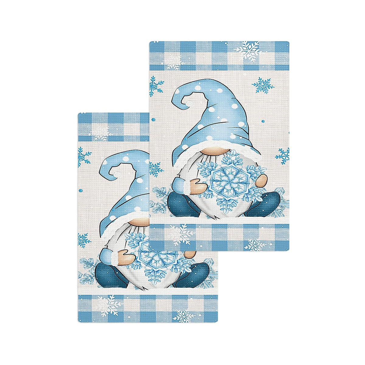Blue Plaid Gnomes Winter Dish Towels Set, Waffle Weave Kitchen Towels Microfiber Towels Cleaning Christmas Snowflake Rustic Burlap Soft Absorbent Dish Drying Towels Hand Towels 2 Pack 15.7x23.6 In