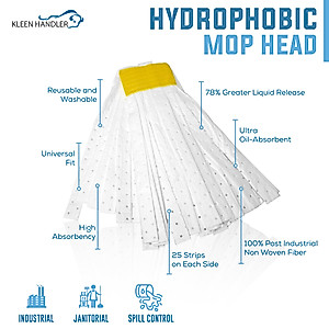 KLEEN HANDLER Mop Head Replacement 6-Pack Hydrophobic Industrial Mop for Oils and Spills – Heavy-Duty Mop for Industrial, Commercial, Janitorial Cleaning – Non-Woven Oil-Absorbent Material