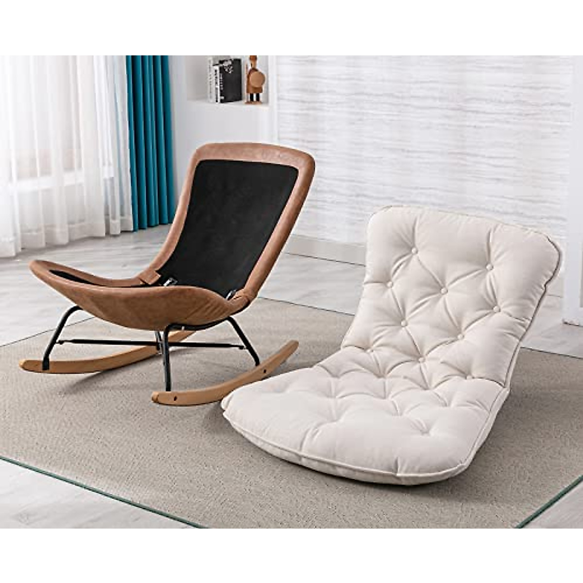 Kmax Rocking Chair Nursery Tufted Accent Glider Chair with Tufted Linen Fabric Cushion PU Leather Base for Baby Nursery Bedroom Living Room, Cream