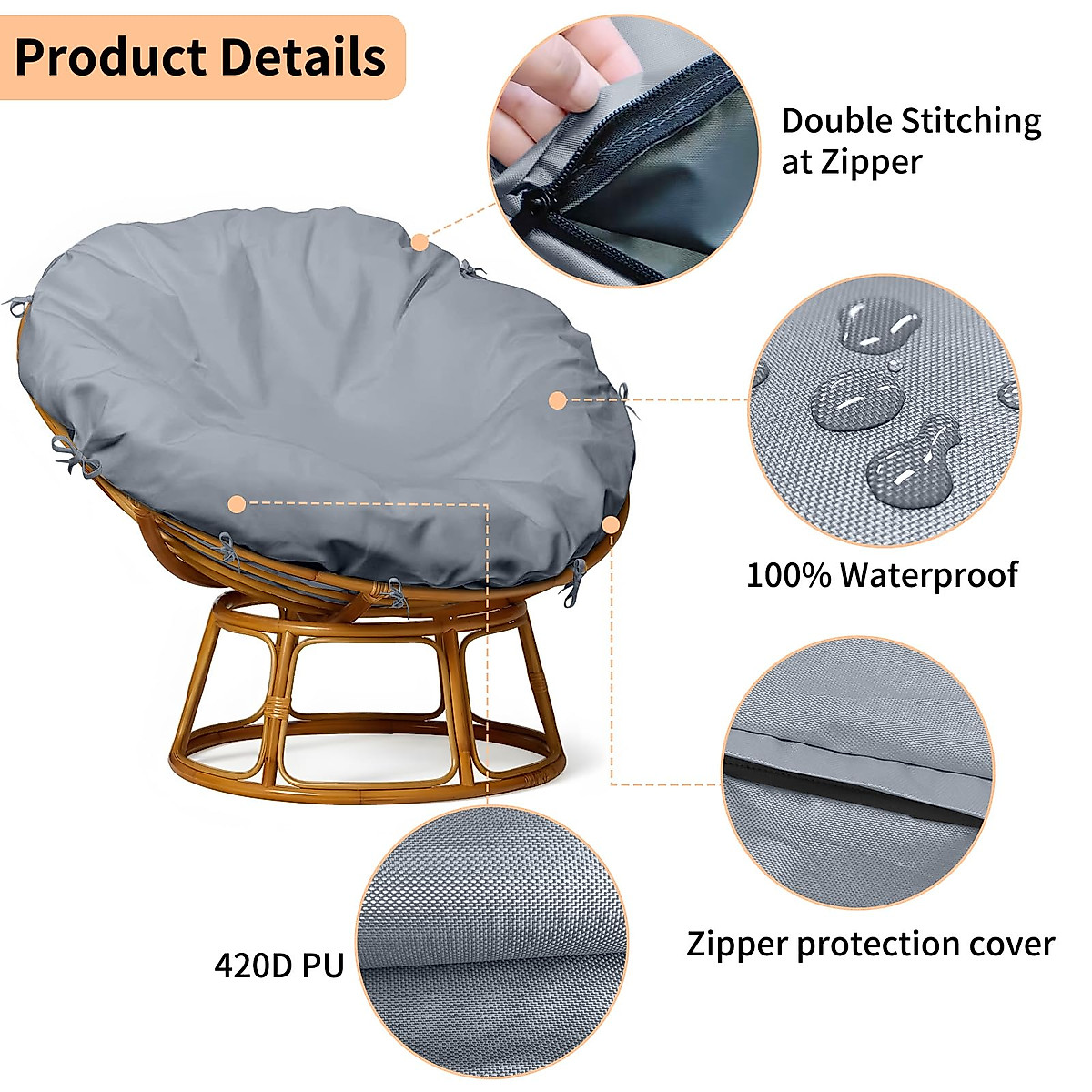 COSHNIBI Papasan Cushion Cover, 420D Waterproof Removable Zipper Chair Cushion Cover, 55L*55H Inches Suitable for Indoor and Outdoor Use (Gray)