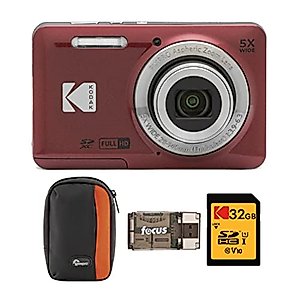 Kodak PIXPRO Friendly Zoom FZ55 Digital Camera (Red) Bundle with Camera Case, 32GB Class 10 UHS-I U1 SDHC Memory Card and USB 2.0 Card Reader (4 Items)