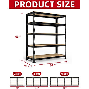PrimeZone 32" W x 16" D x 63" H Storage Shelves - 5 Tier Adjustable Garage Storage Shelving, Heavy Duty Metal Storage Utility Rack Shelf Unit for Warehouse Pantry Closet Kitchen, Black