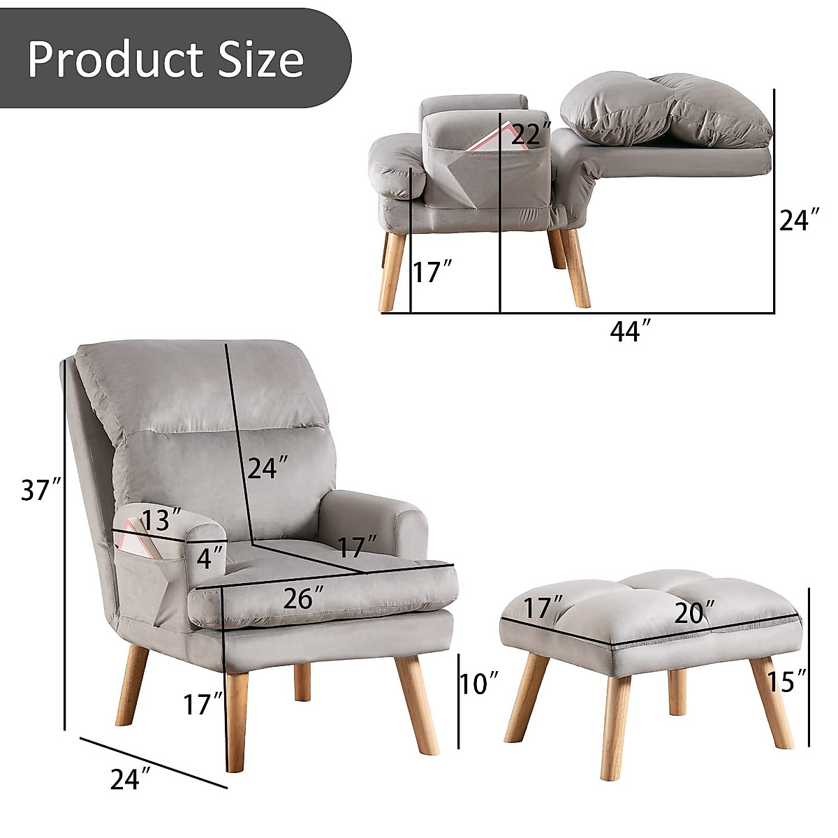 INZOY Accent Chairs with Ottoman, Velvet Fabric Armchair with Ottoman for Bedroom Living Room, Mid Century Modern Chair with Adjustable Backrest and Side Pockets, Grey