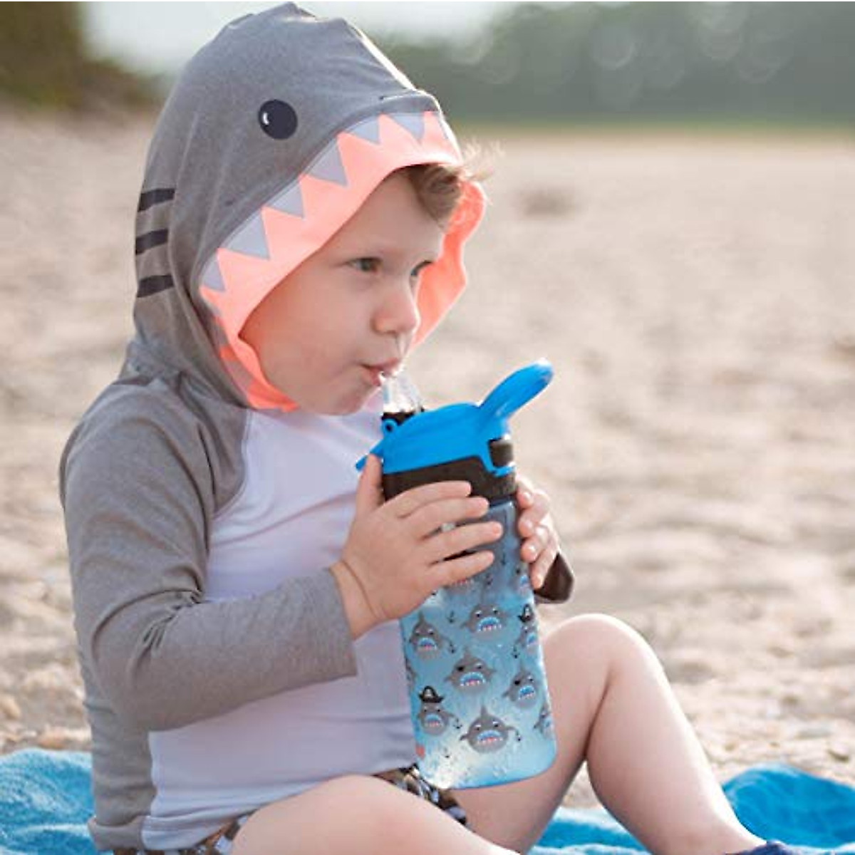 Nuby Push Button Flip-it Soft Spout Tritan Water Bottle, Blue Sharks, 18 Oz