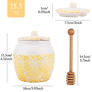 Kitchenexus Honey Pot, 15.5 OZ Ceramic Honey Jar with Lid and Wooden Dipper for Home Kitchen, Porcelain Honey Container for Storage (Yellow)
