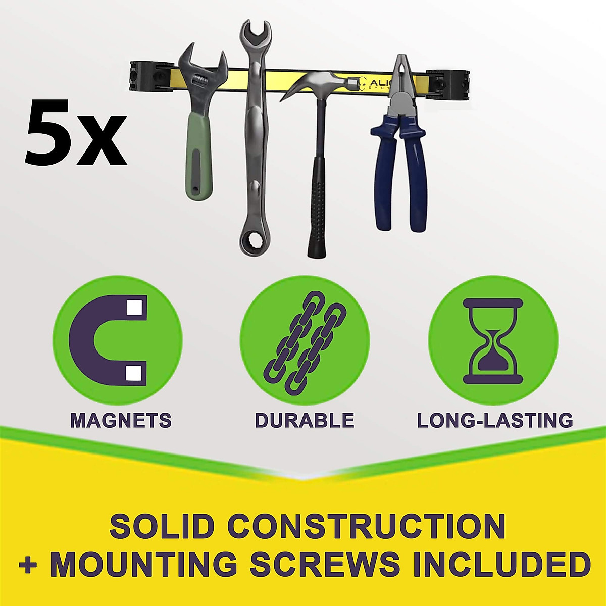 ALIEN SYSTEM Magnetic tool holder strip 5 Pack (60" total) - Tough PVC Sticker coated Magnet strip for tools - Get your tools organized