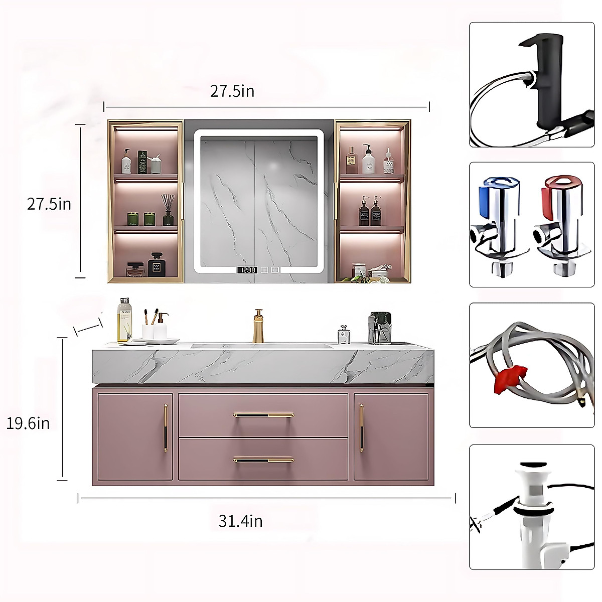 ZGNBSD Floating Bathroom Vanity - Freestanding Bathroom Vanity with Sink and Smart Demister Mirror | Solid Wood Modern Bathroom Vanity (32")